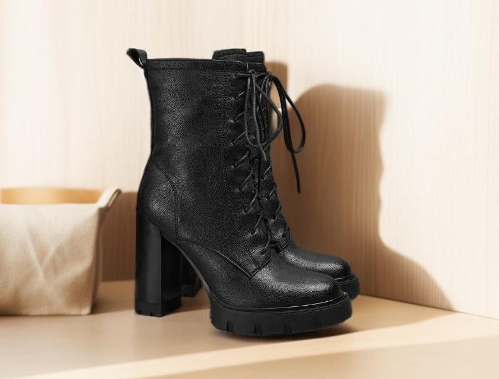 Women's Cow Leather High Block Heel Lace up Boots, Black Genuine ...