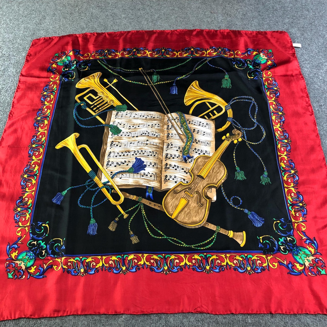 Vintage Silk Scarf Musical Instruments Theme Red and Black Classical ...