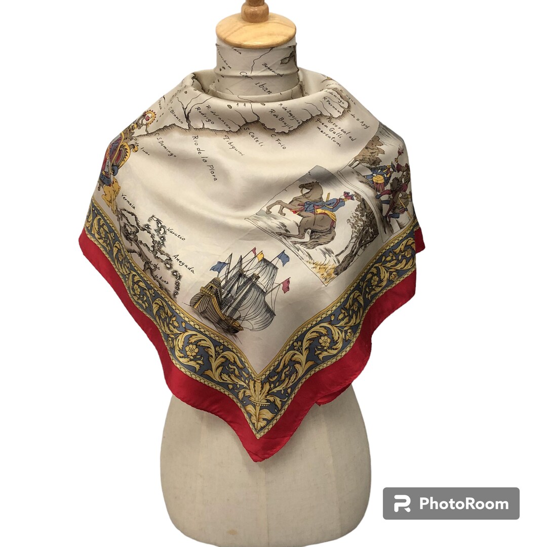 Vintage Luxury Maps Silk Scarf, Vintage Silk Muffler, Vintage Neck ...