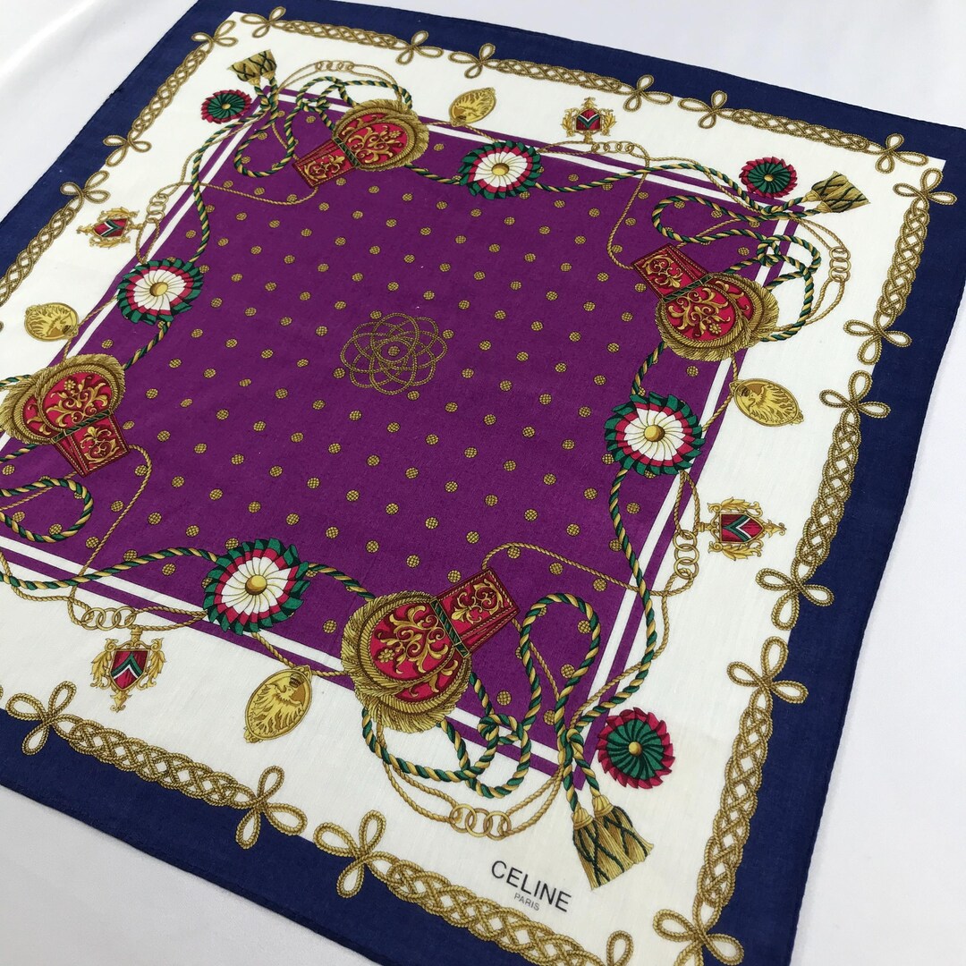 Vintage CELINE Paris Handkerchief, Blue Purple Gold Tassel Rope Chain ...