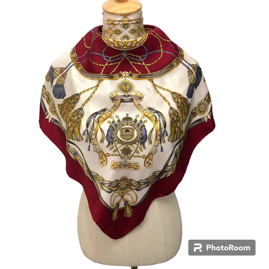 Vintage Nominee Scarf, Red & Gold Silk Scarf With Royal Tassel Heraldic ...