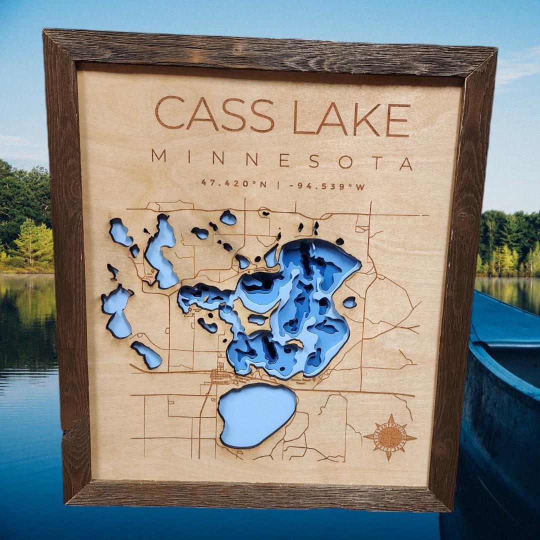 Bathymetric Lake Map of Cass Lake, MN Laser-cut Baltic Birch With ...
