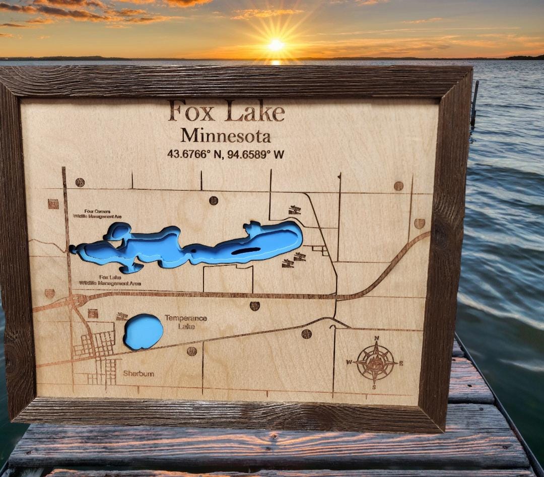 Fox Lake 3D Bathymetric Map Laser Engraved, Shurburn, MN, Martin County ...