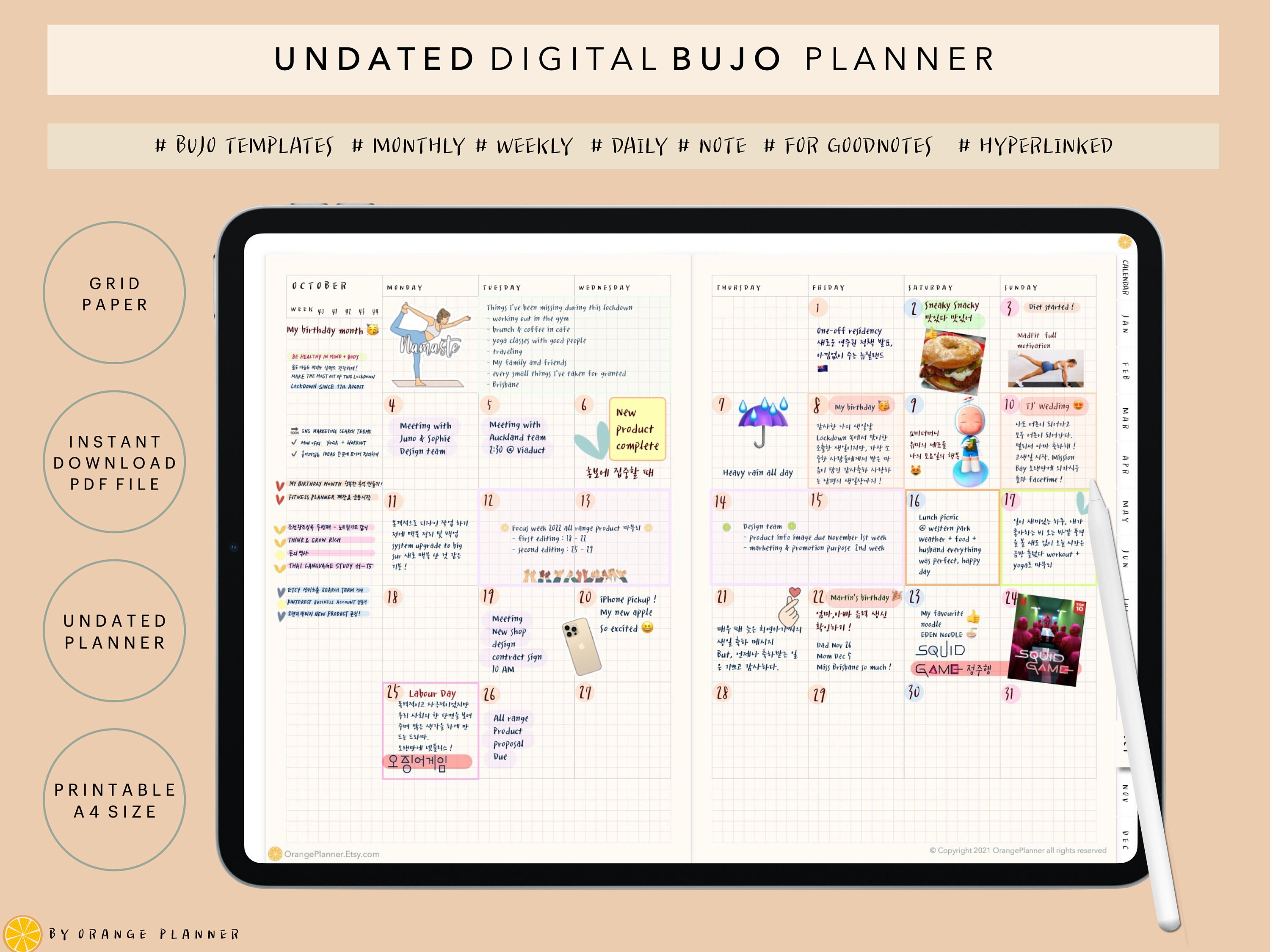 Undated Bujo Digital Planner, Goodnotes Templates Journal, Monthly ...