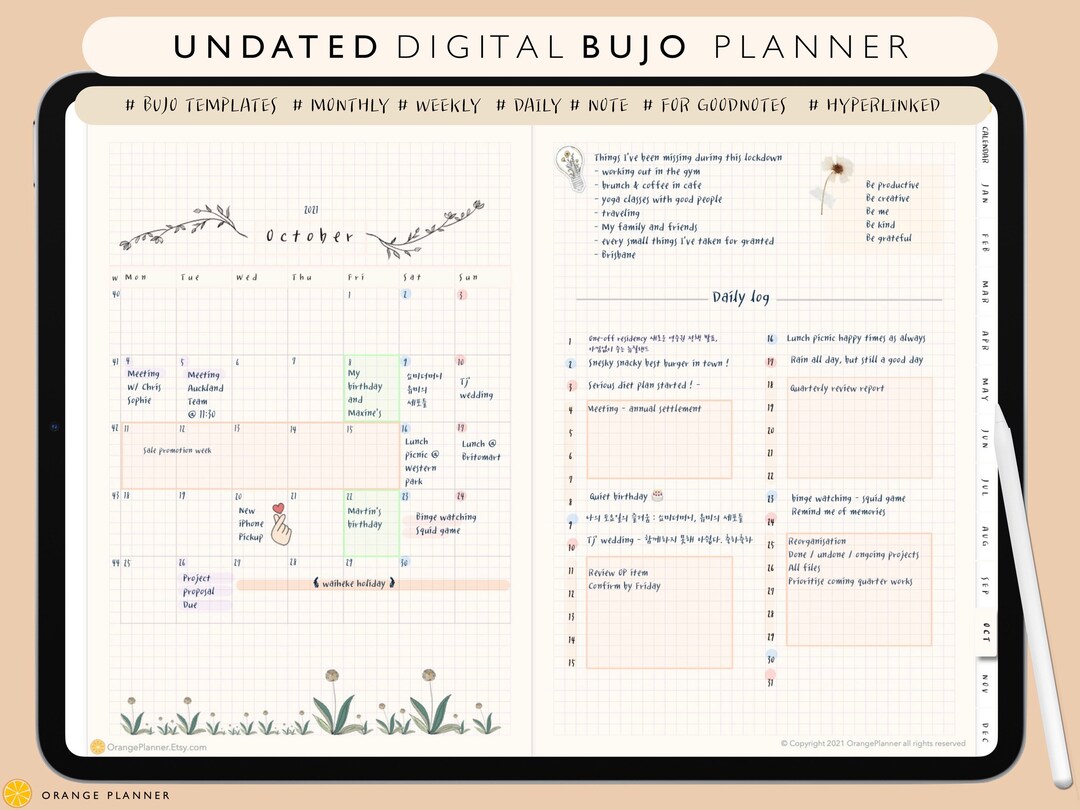 Undated Bujo Digital Planner, Goodnotes Templates Journal, Monthly ...