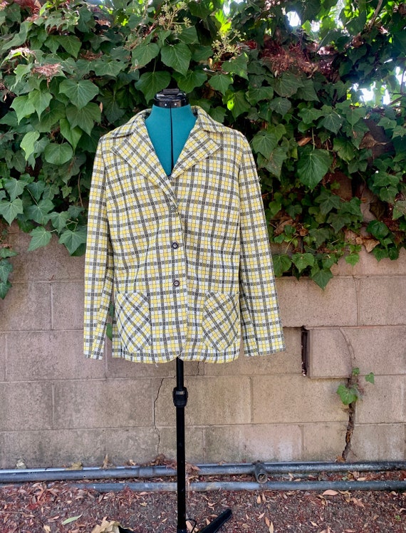 Vintage 60s 70s Plaid Jacket L 1960s 1970s Yellow Bla… - Gem