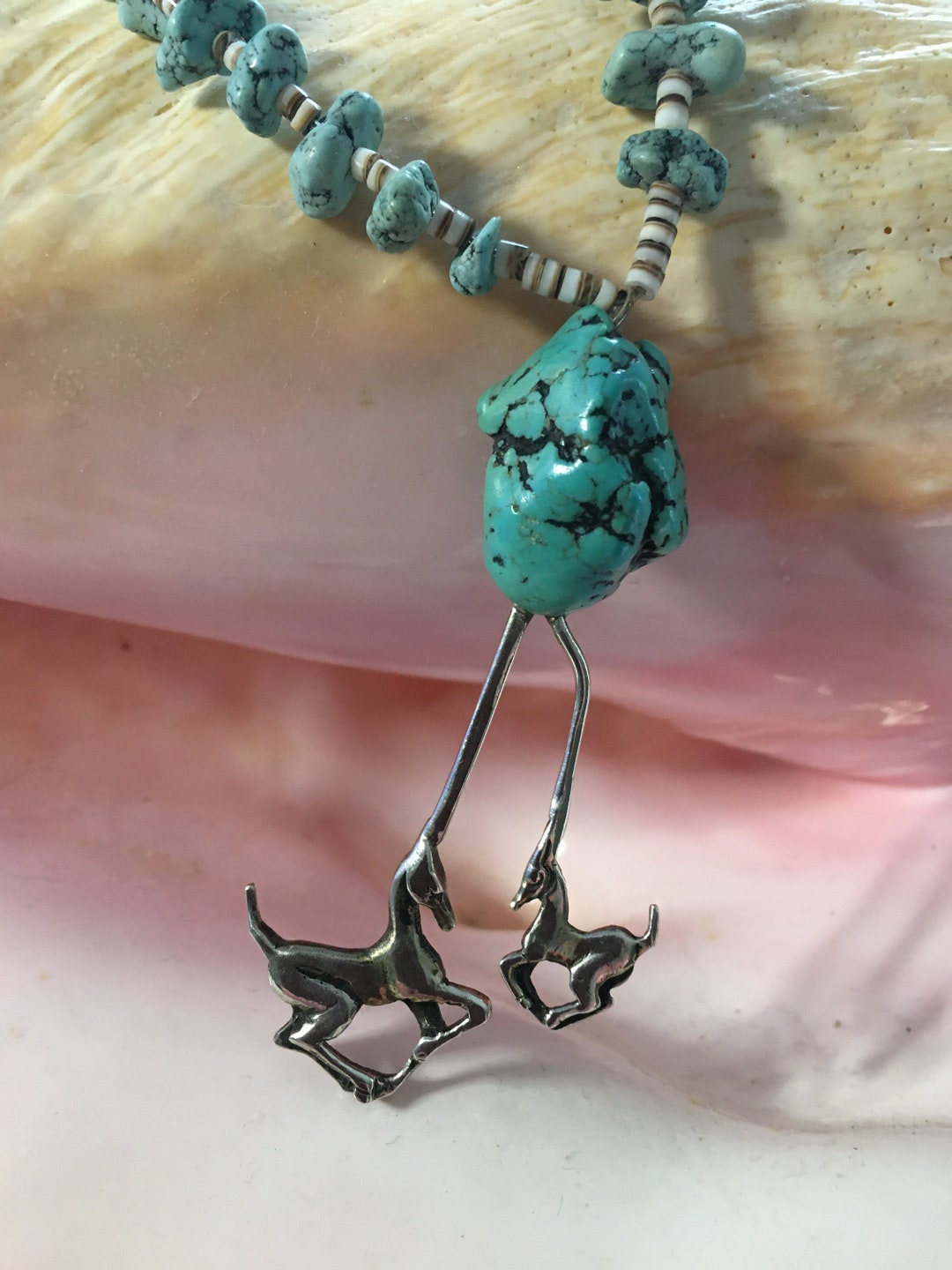 Vintage Necklace Talisman Natural Heishi Cut Shell and Turquoise Hand ...