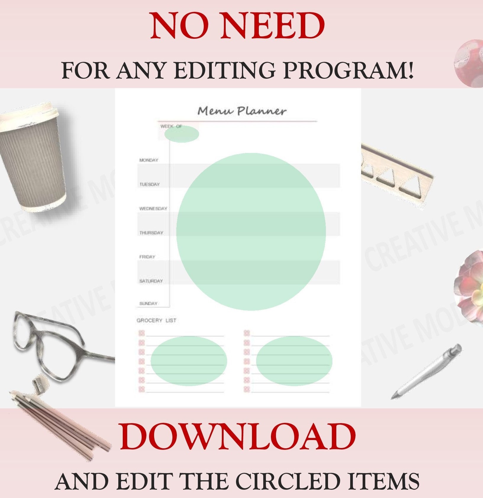 Menu Planner, INSTANT EDITABLE, PRINTABLE, Grocery List, Meal Planner ...