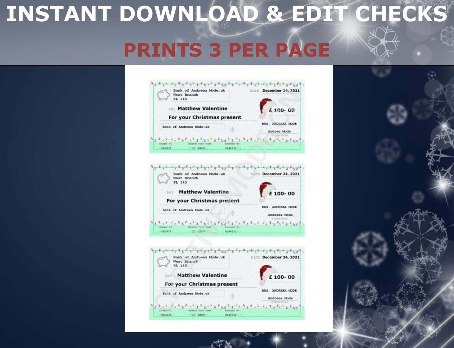 EDITABLE Blank Check Template, Christmas Gift, Kids, Last Minute Gift ...