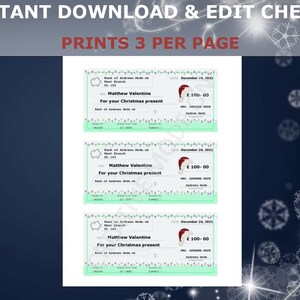 EDITABLE Blank Check Template, Christmas Gift, Kids, Last Minute Gift ...