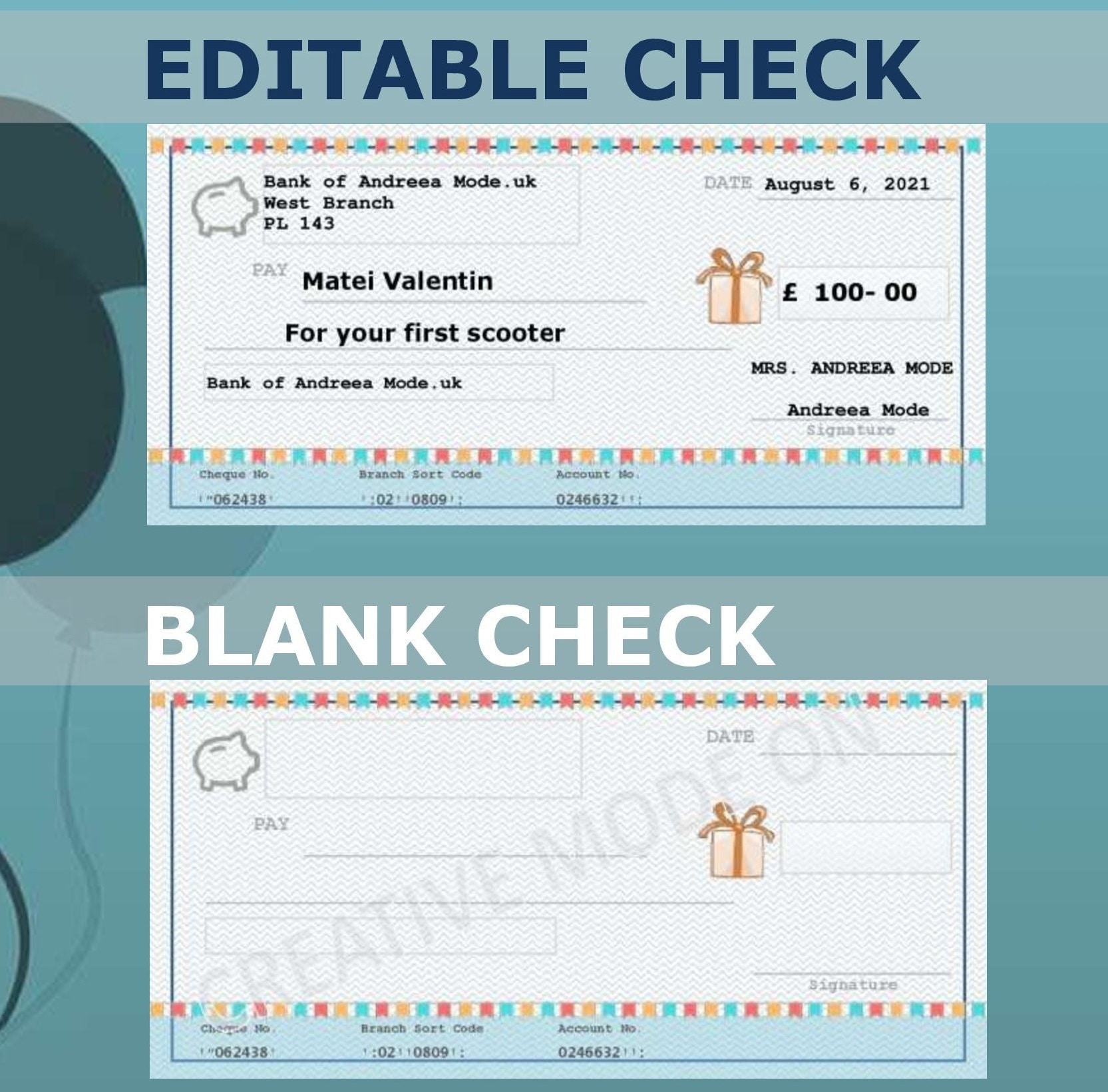 INSTANT EDITABLE and PRINTABLE Blank Check, Birthday Gift, Celebration ...