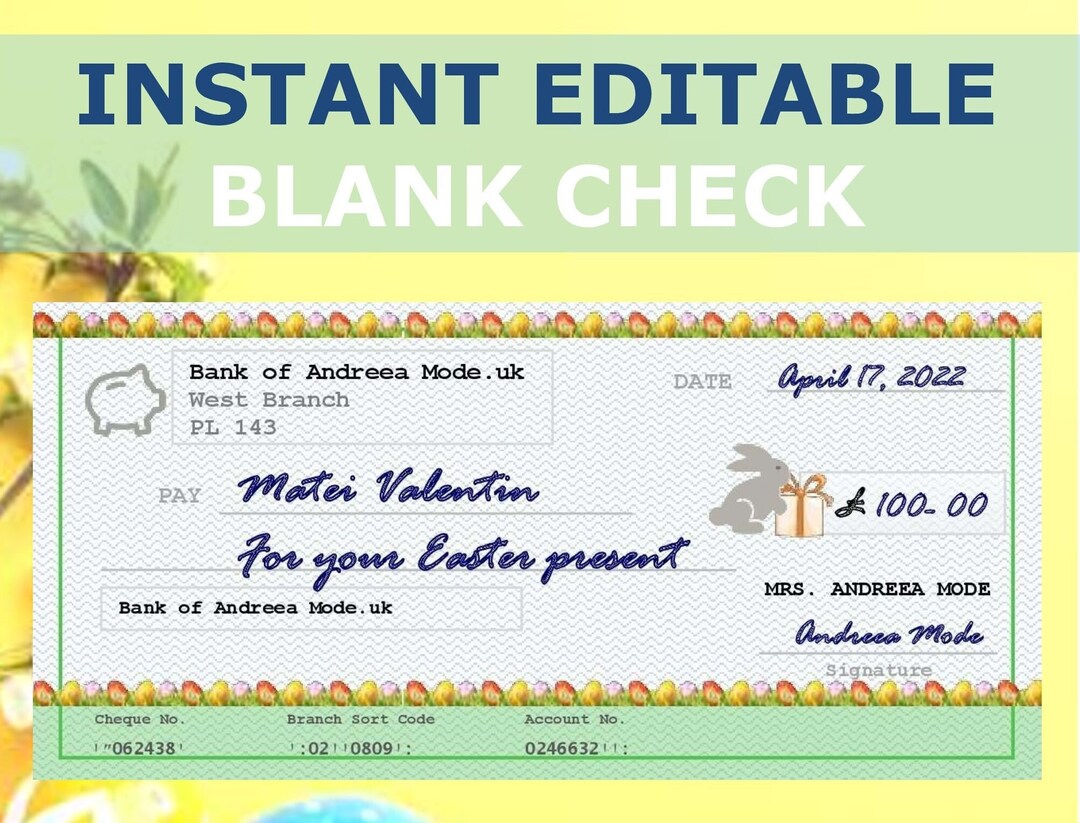 INSTANT EDITABLE and PRINTABLE Blank Check, Easter, Celebration, Gift ...