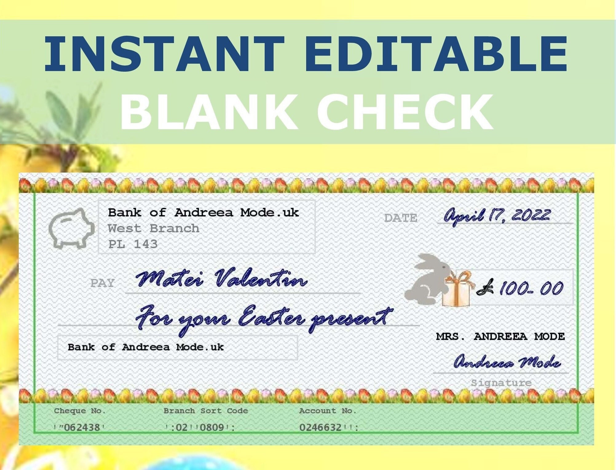 INSTANT EDITABLE and PRINTABLE Blank Check, Easter, Celebration, Gift ...