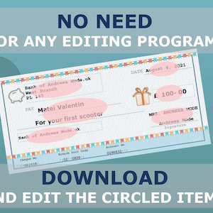 INSTANT EDITABLE and PRINTABLE Blank Check, Birthday Gift, Celebration ...