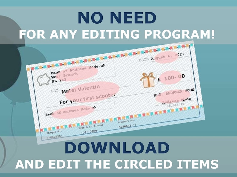 INSTANT EDITABLE and PRINTABLE Blank Check, Birthday Gift, Celebration ...