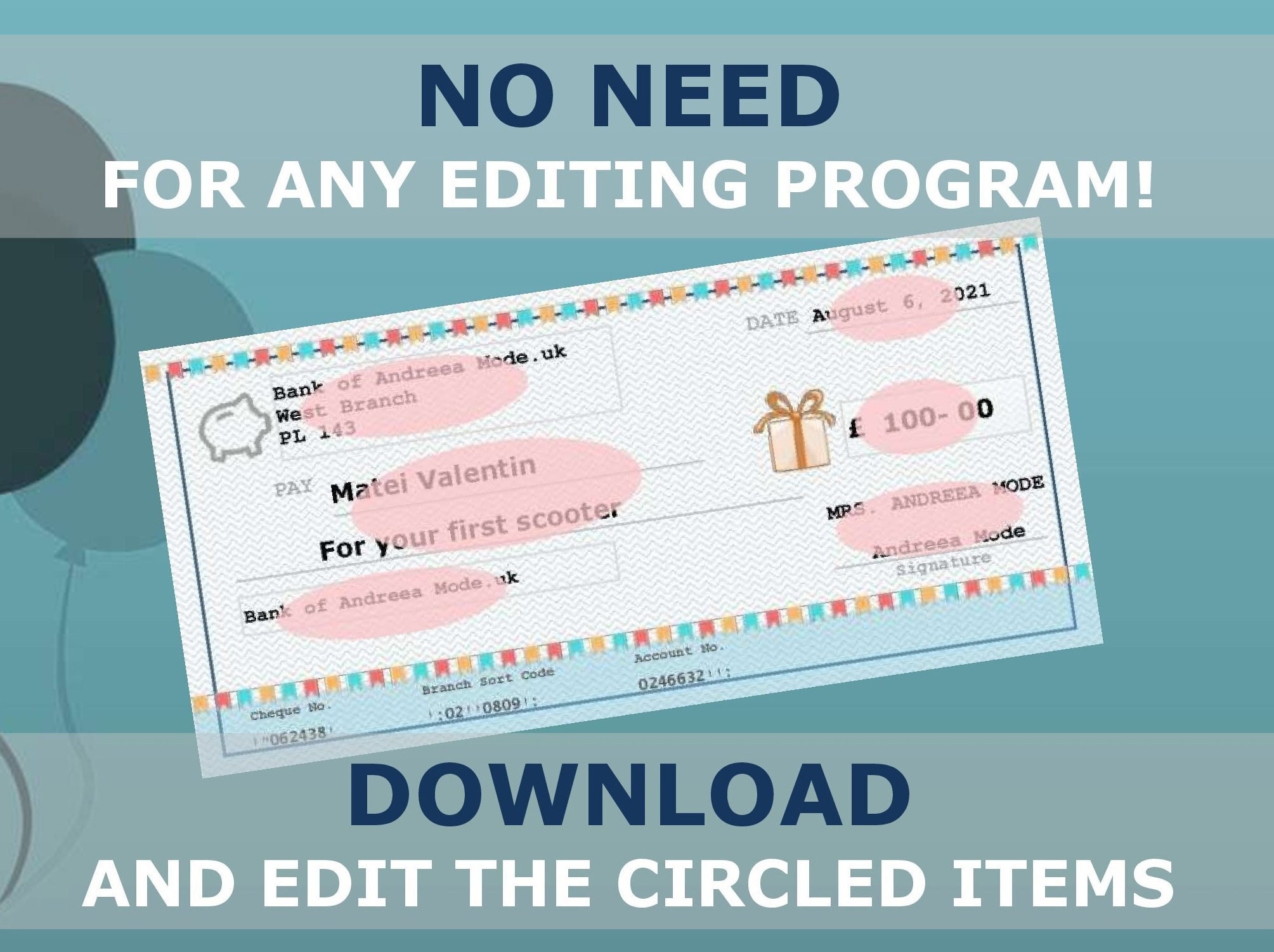 INSTANT EDITABLE and PRINTABLE Blank Check, Birthday Gift, Celebration ...