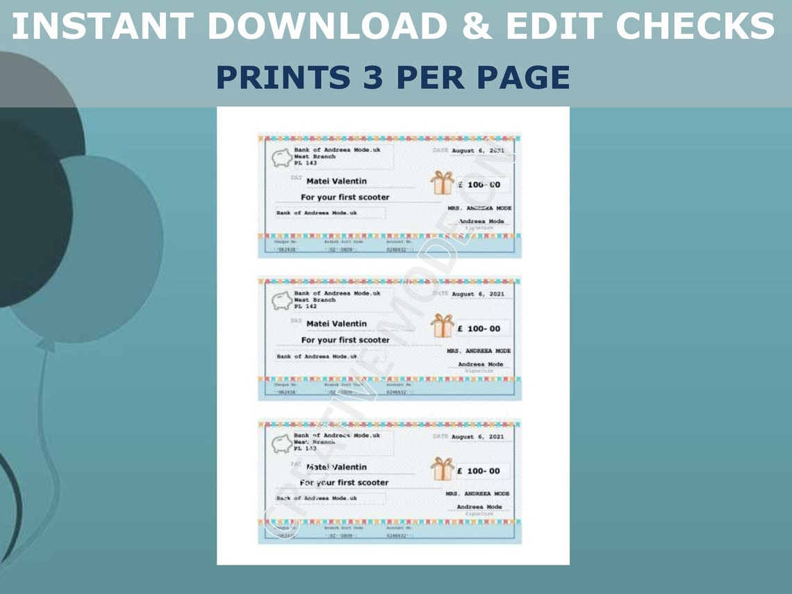INSTANT EDITABLE and PRINTABLE Blank Check, Birthday Gift, Celebration ...