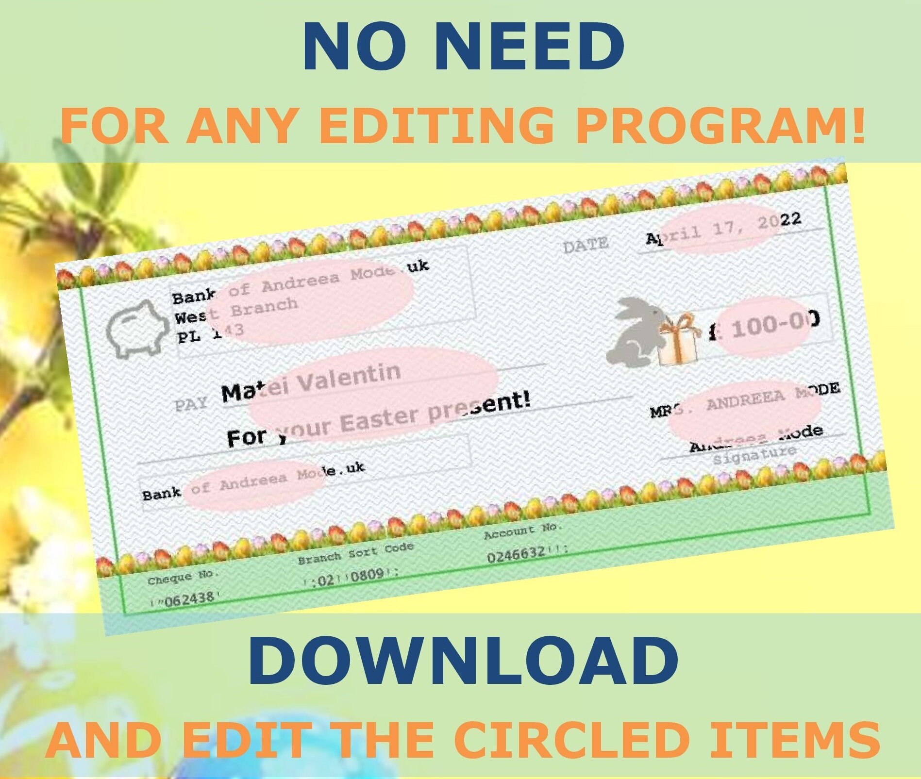 INSTANT EDITABLE and PRINTABLE Blank Check, Easter, Celebration, Gift ...