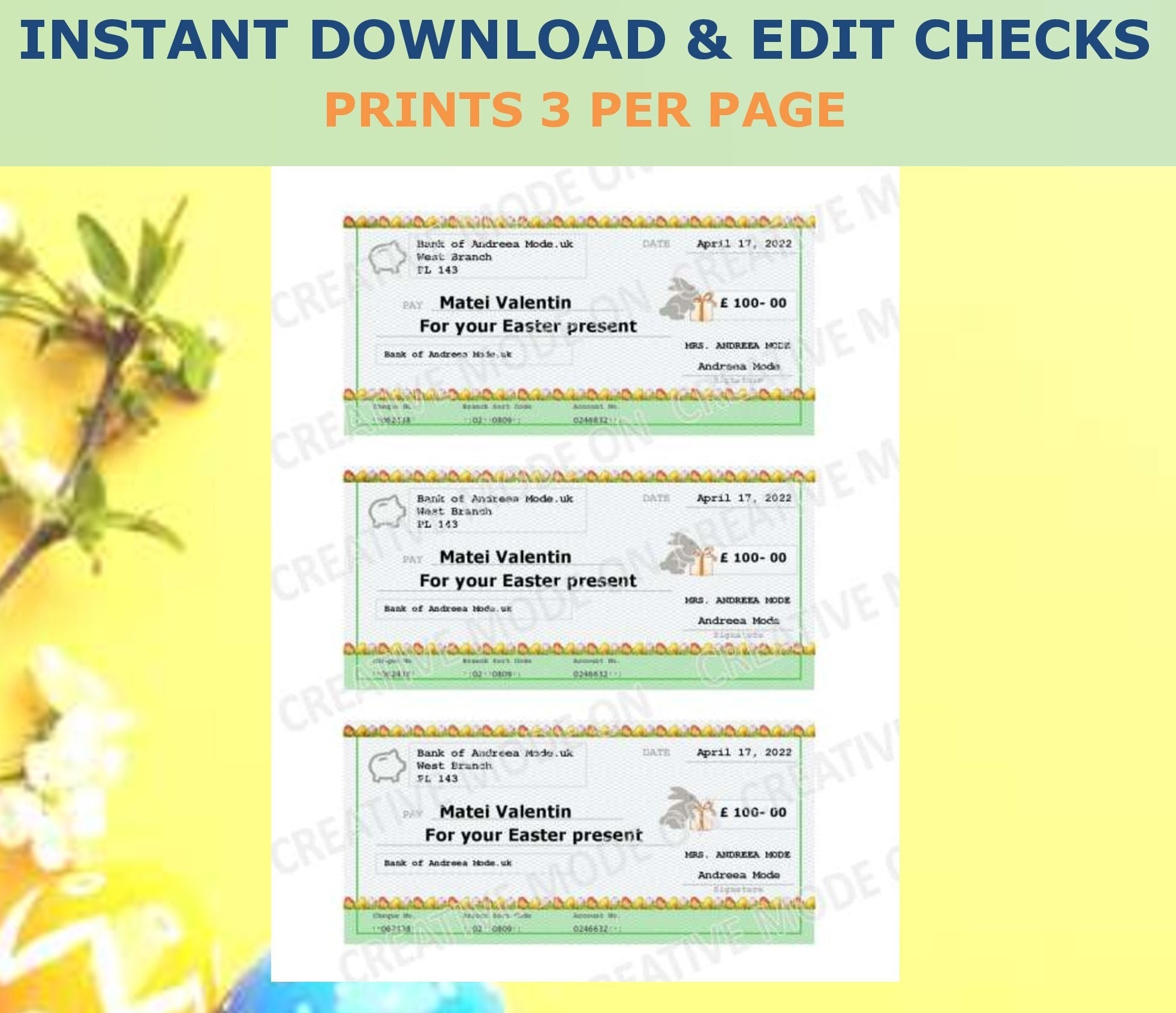 INSTANT EDITABLE and PRINTABLE Blank Check, Easter, Celebration, Gift ...