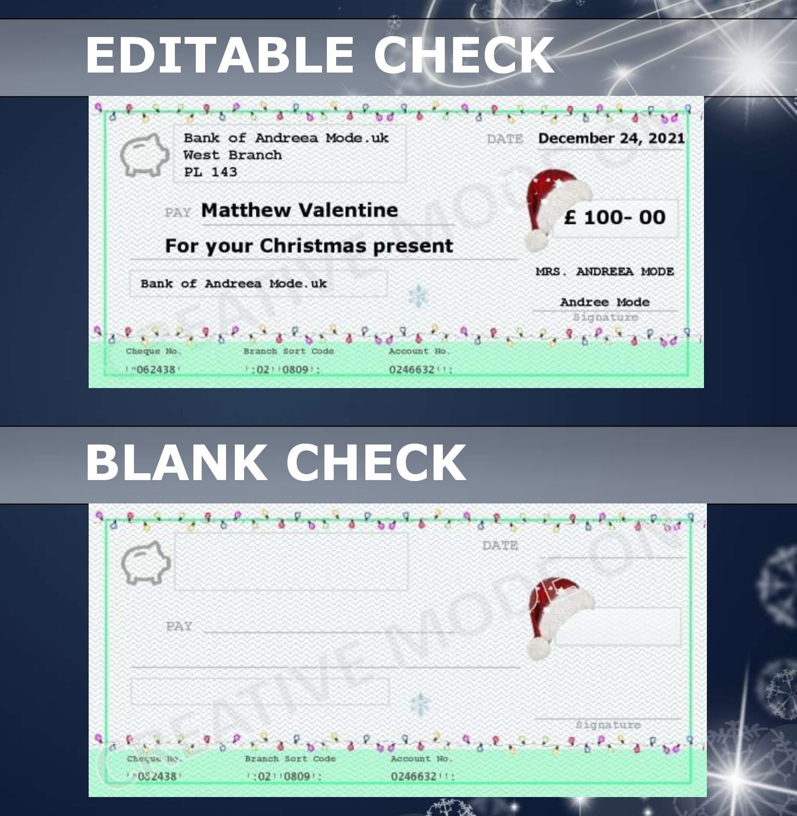 EDITABLE Blank Check Template, Christmas Gift, Kids, Last Minute Gift ...