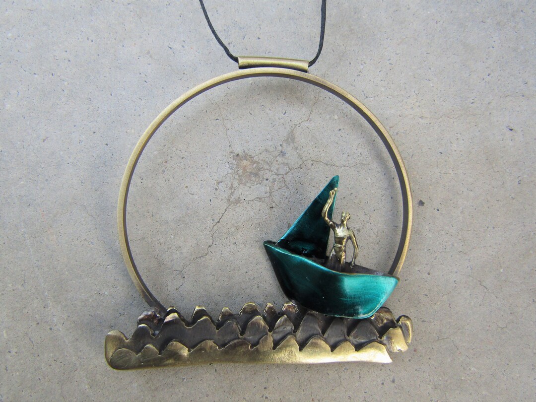 Bronze Boat Circle Necklace, Blue Enamel Sailboat, Travel Gift - Etsy