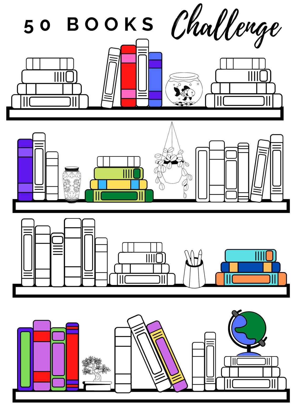 Reading Challenge, 50 Books Coloring Printable, Reading Log, Digital - Etsy
