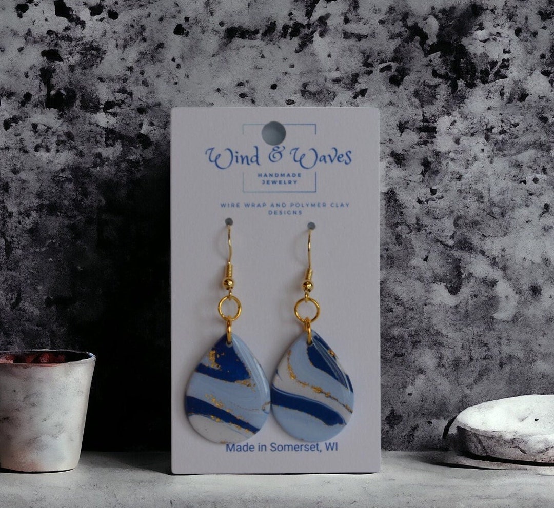 Faux Blue Agate Earrings Swirls of Blue Earrings Blue With Gold Accent ...