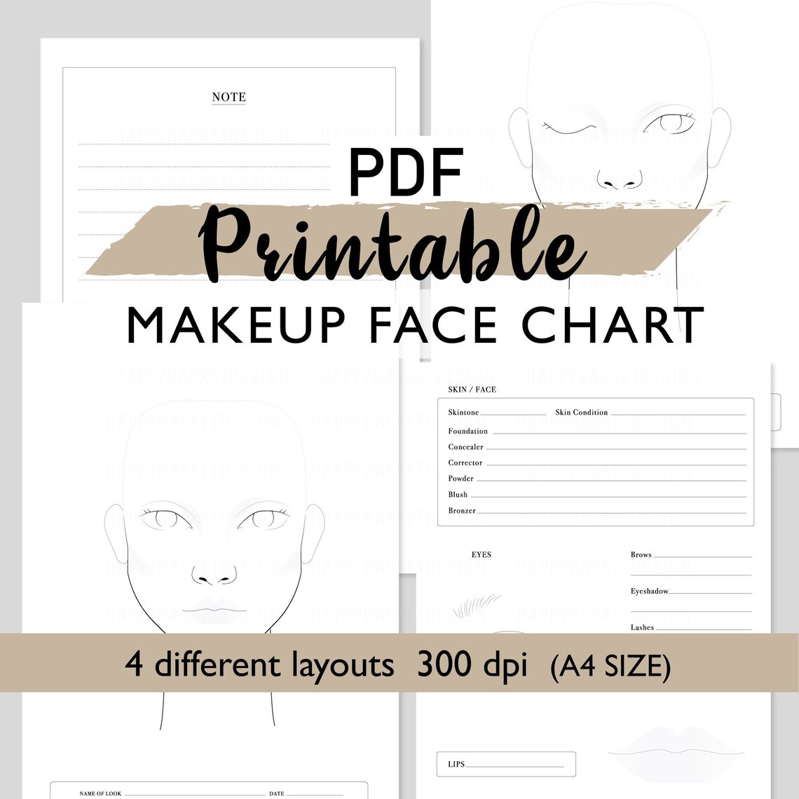 Blank Makeup Face Chart With Product Detail & Note PDF Download (A4 ...