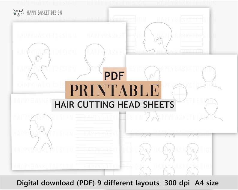 9 Layouts Blank Hair Cutting Head Sheets PDF Printable A4 Size for ...