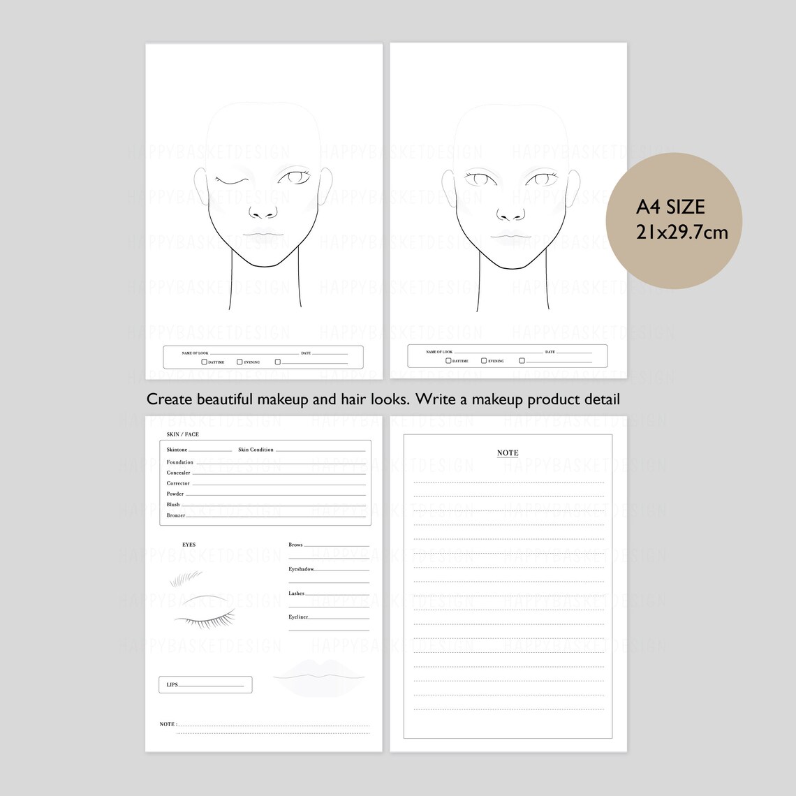 Blank Makeup Face Chart With Product Detail & Note PDF Download (A4 ...