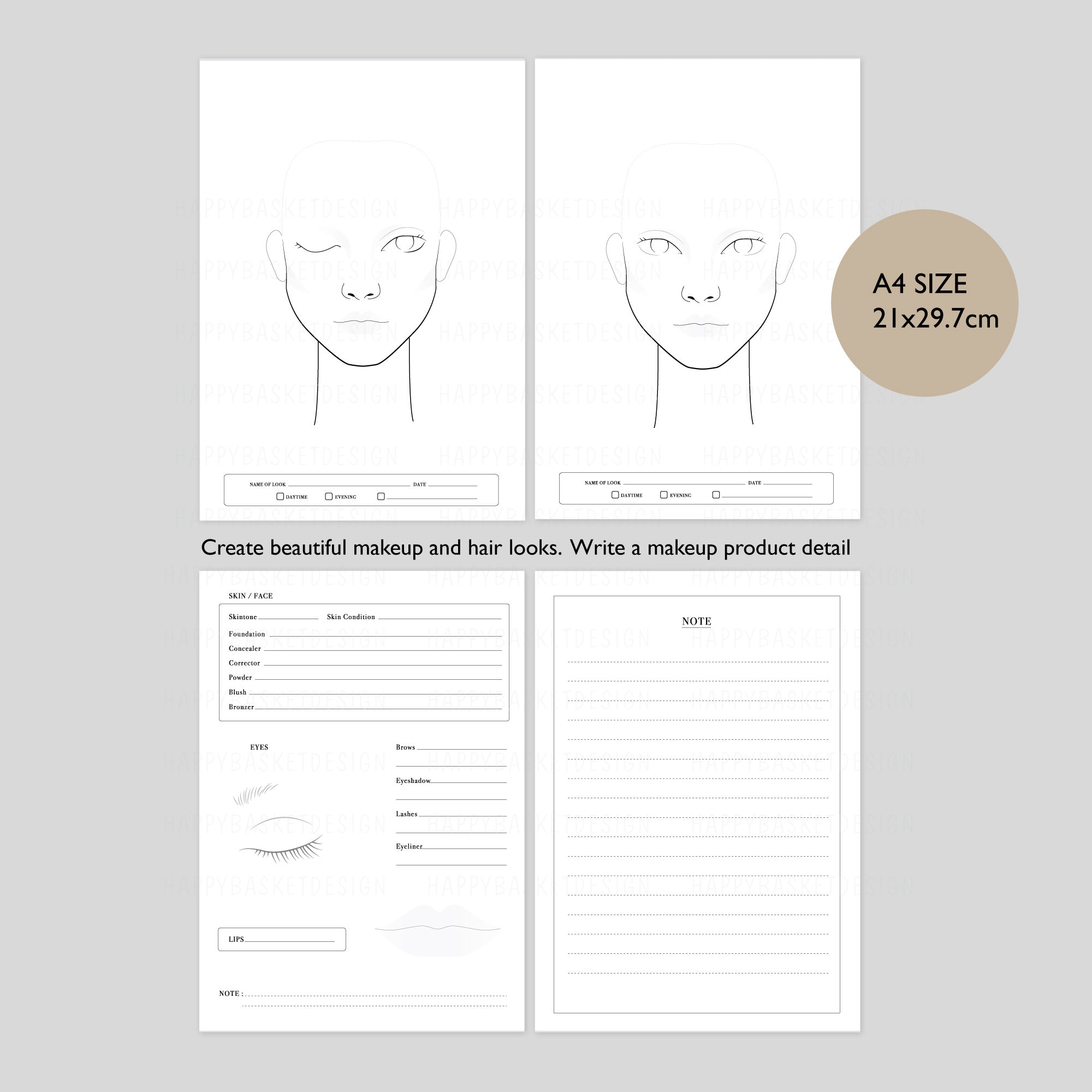 Blank Makeup Face Chart With Product Detail & Note PDF Download (A4 ...
