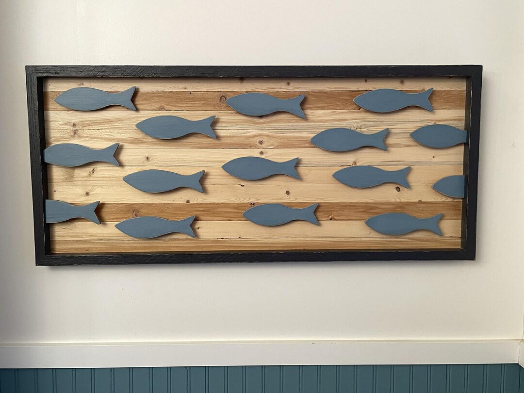Framed Wooden Fish Wall Decor, Painted Wooden Fish School, Coastal ...