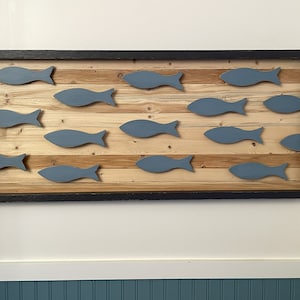 Framed Wooden Fish Wall Decor, Painted Wooden Fish School, Coastal ...