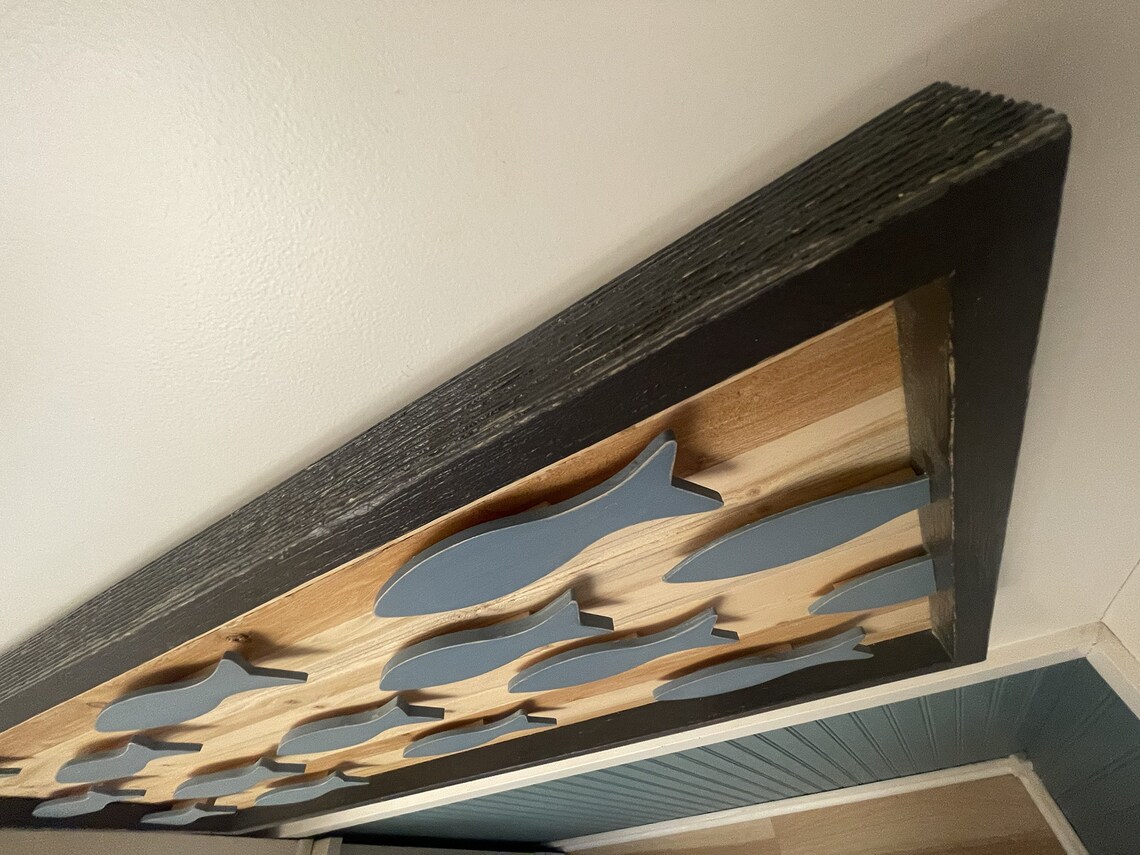 Framed Wooden Fish Wall Decor, Painted Wooden Fish School, Coastal ...