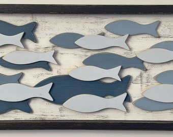Wooden Fish Wall Decor, Painted Wooden Fish School, Coastal Decor ...