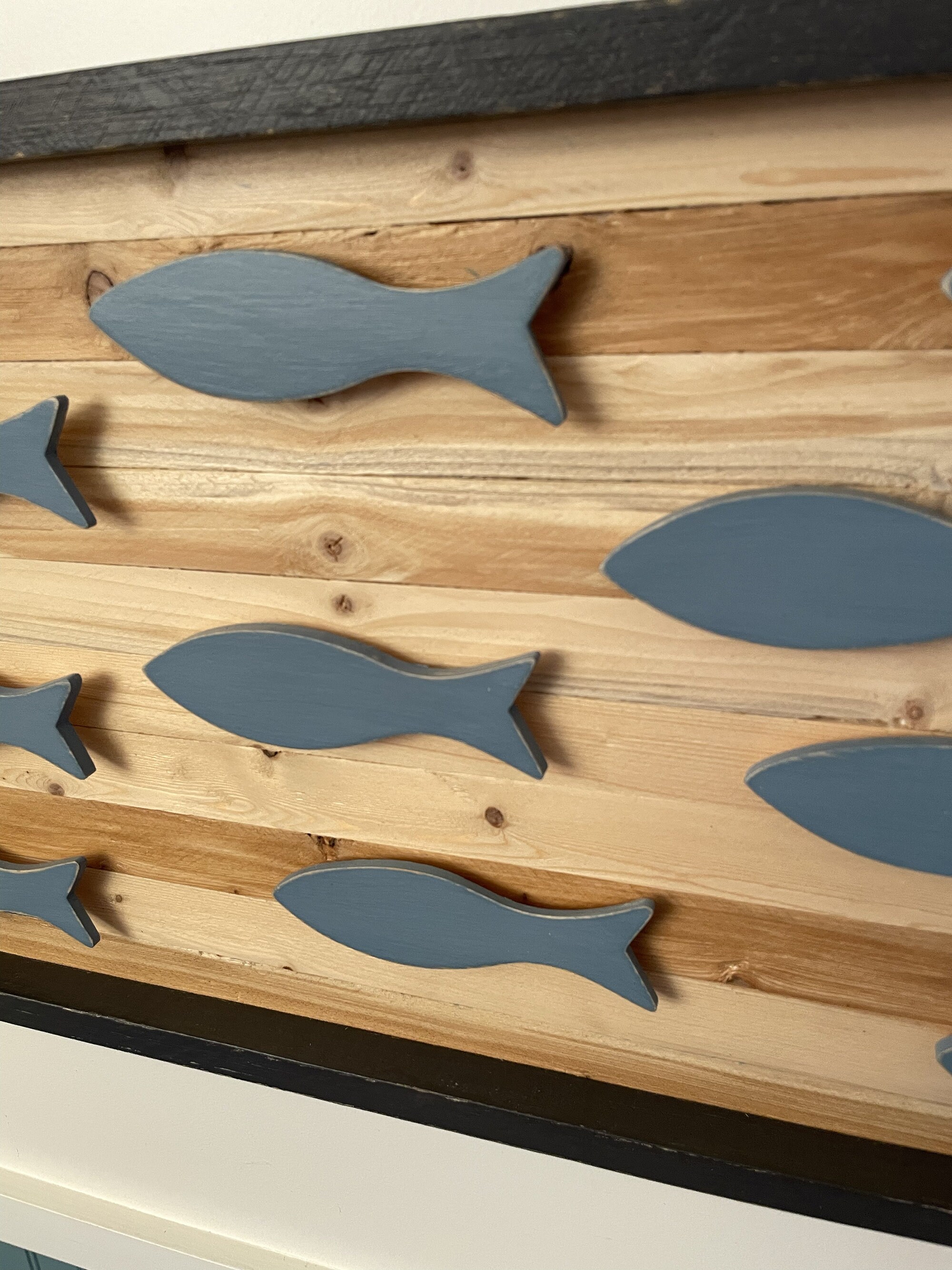 Framed Wooden Fish Wall Decor, Painted Wooden Fish School, Coastal ...