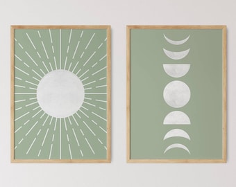 Sage Green Moon Phase Decor Boho Wall Art Mid Century | Etsy