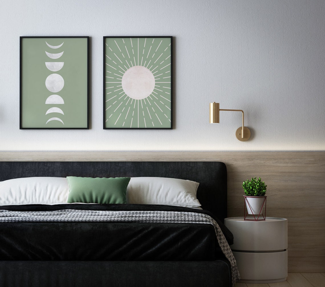 Sage Green Moon Phase Decor Boho Wall Art Mid Century - Etsy