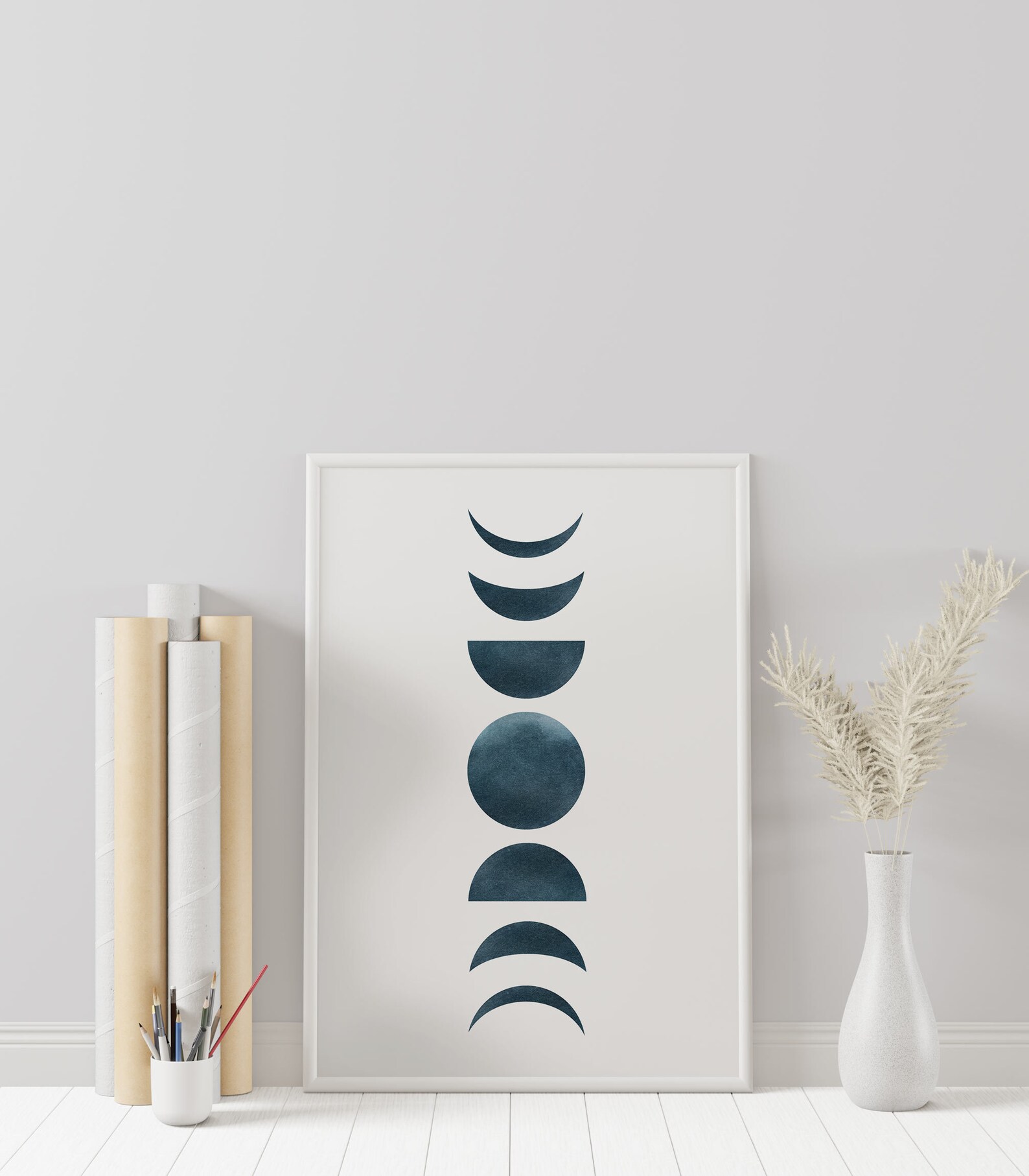 Moon Phase Decor, Modern Geometric Shapes Watercolor Wall Art, Navy ...