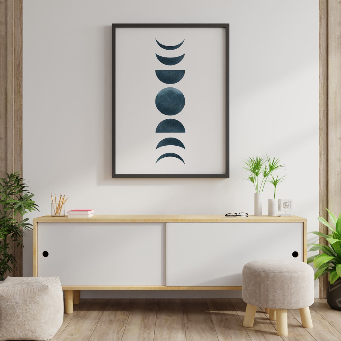 Moon Phase Decor, Modern Geometric Shapes Watercolor Wall Art, Navy ...