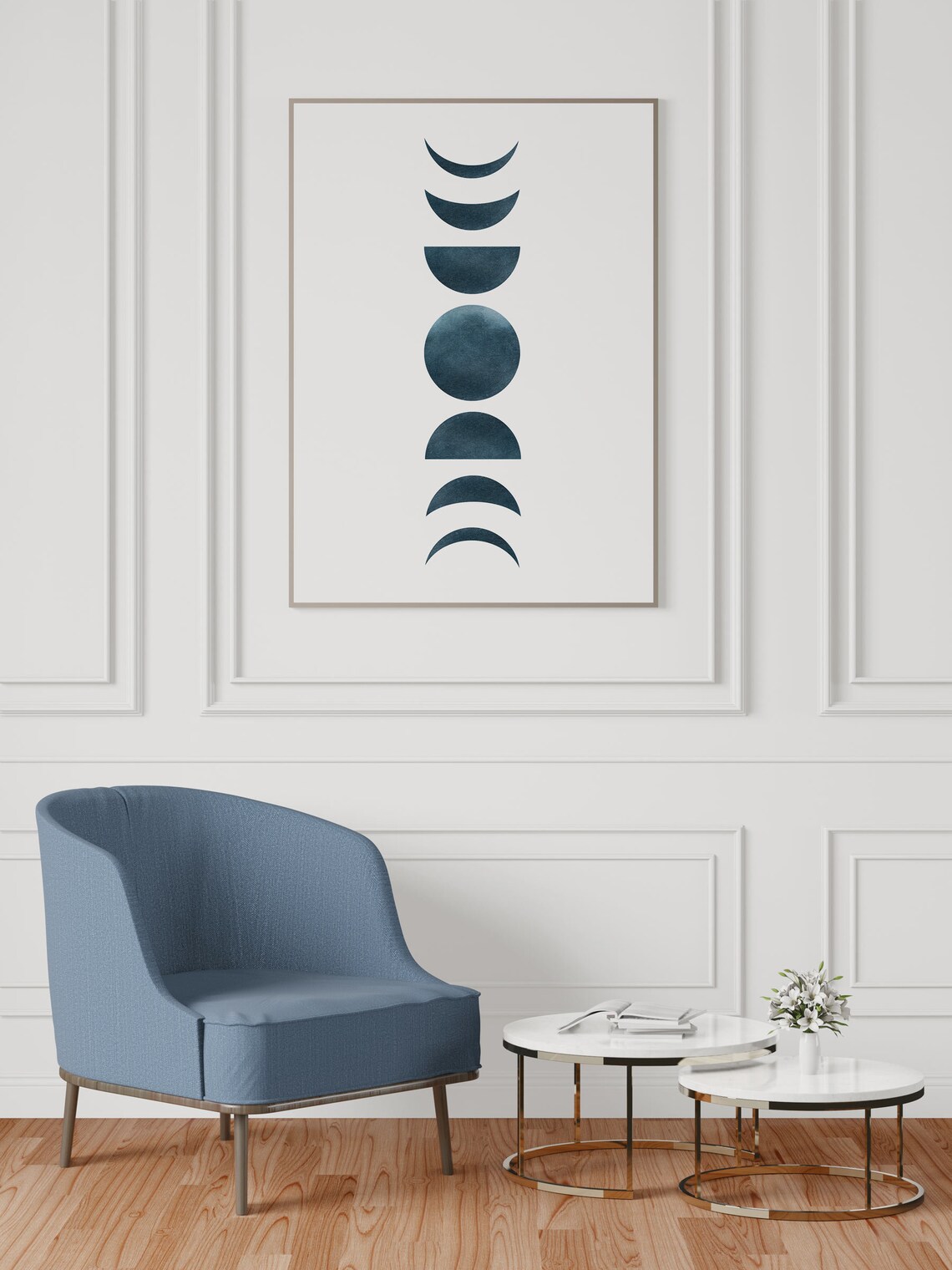 Moon Phase Decor, Modern Geometric Shapes Watercolor Wall Art, Navy ...