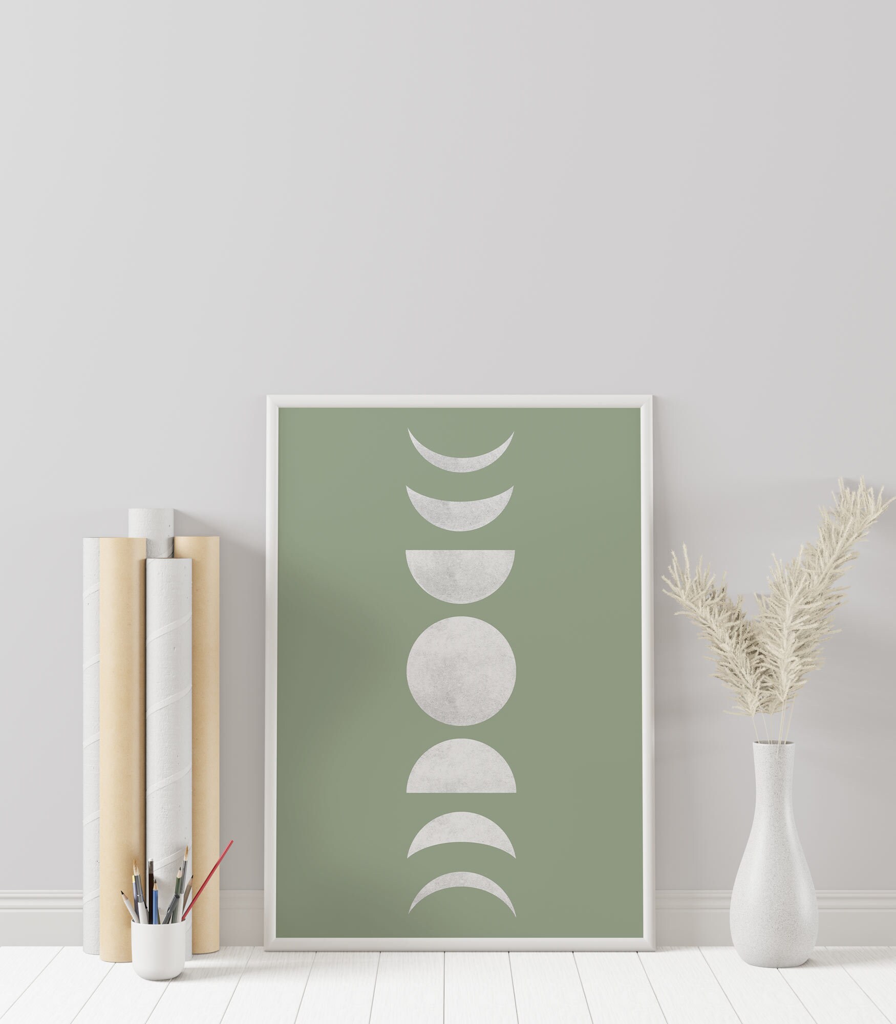 Sage Green Moon Phase Decor Boho Wall Art Mid Century | Etsy