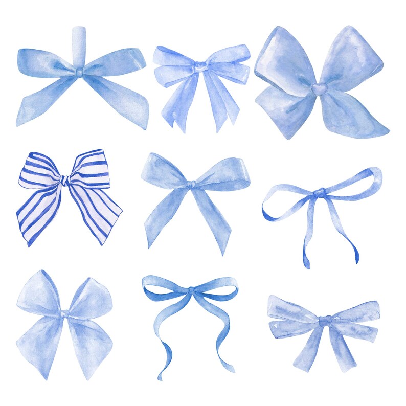 Watercolor Coquette Bows Clipart Pastel Blue Ribbon PNG Cute Soft Boy ...