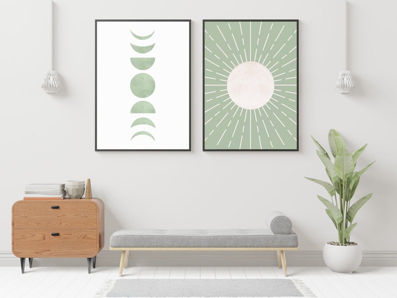 Sage Green Moon Phase Decor Boho Wall Art Mid Century - Etsy