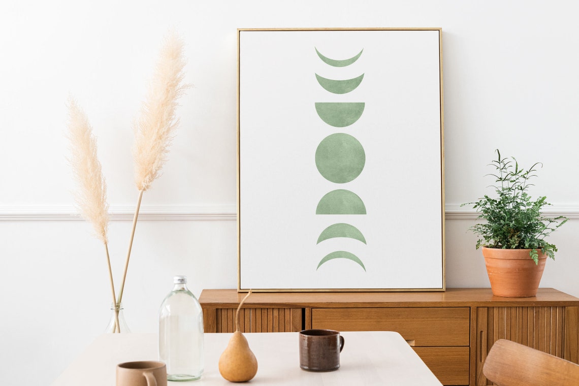 Sage Green Moon Phase Decor, Boho Wall Art, Mid Century Printable ...