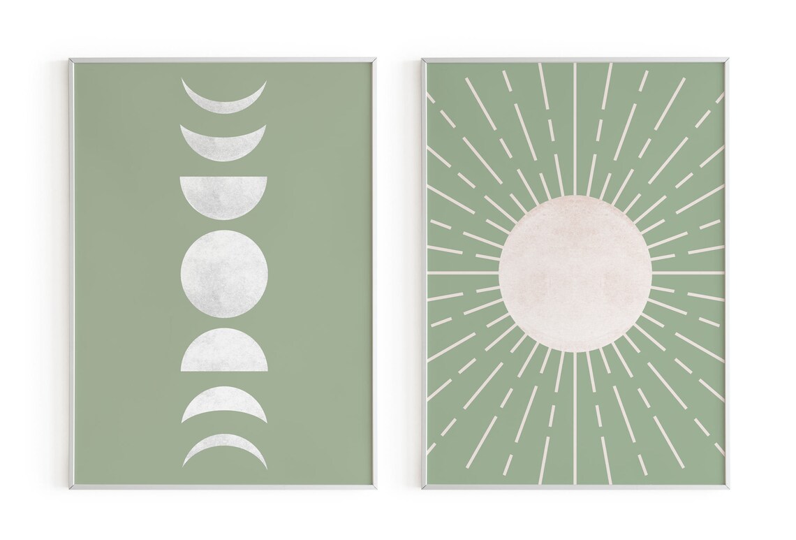 Sage Green Moon Phase Decor Boho Wall Art Mid Century - Etsy