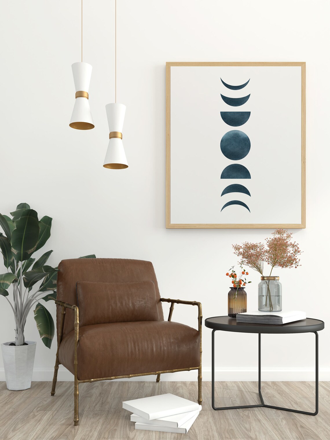 Moon Phase Decor, Modern Geometric Shapes Watercolor Wall Art, Navy ...