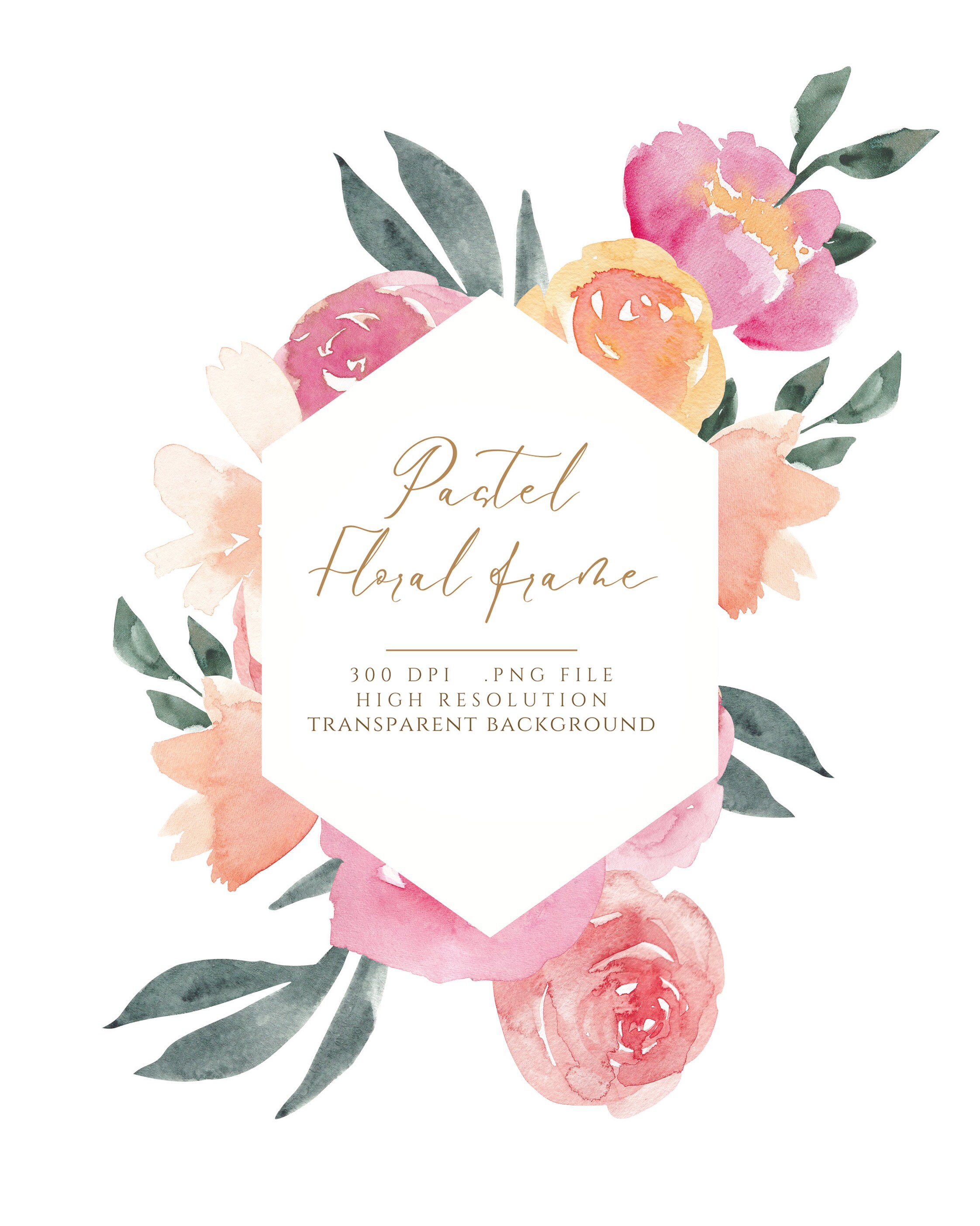 Watercolor Flower Frame Clipart, Pastel Pink, Floral Clipart, Rose and ...