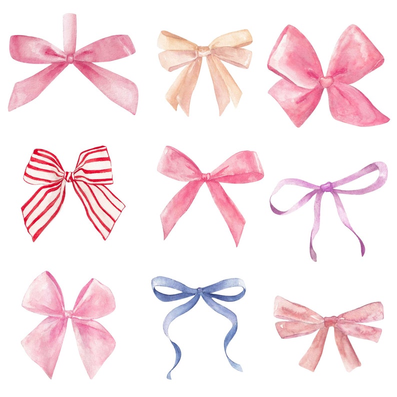 Watercolor Coquette Bows Clipart Pastel Pink Ribbon PNG Cute Soft Girl ...