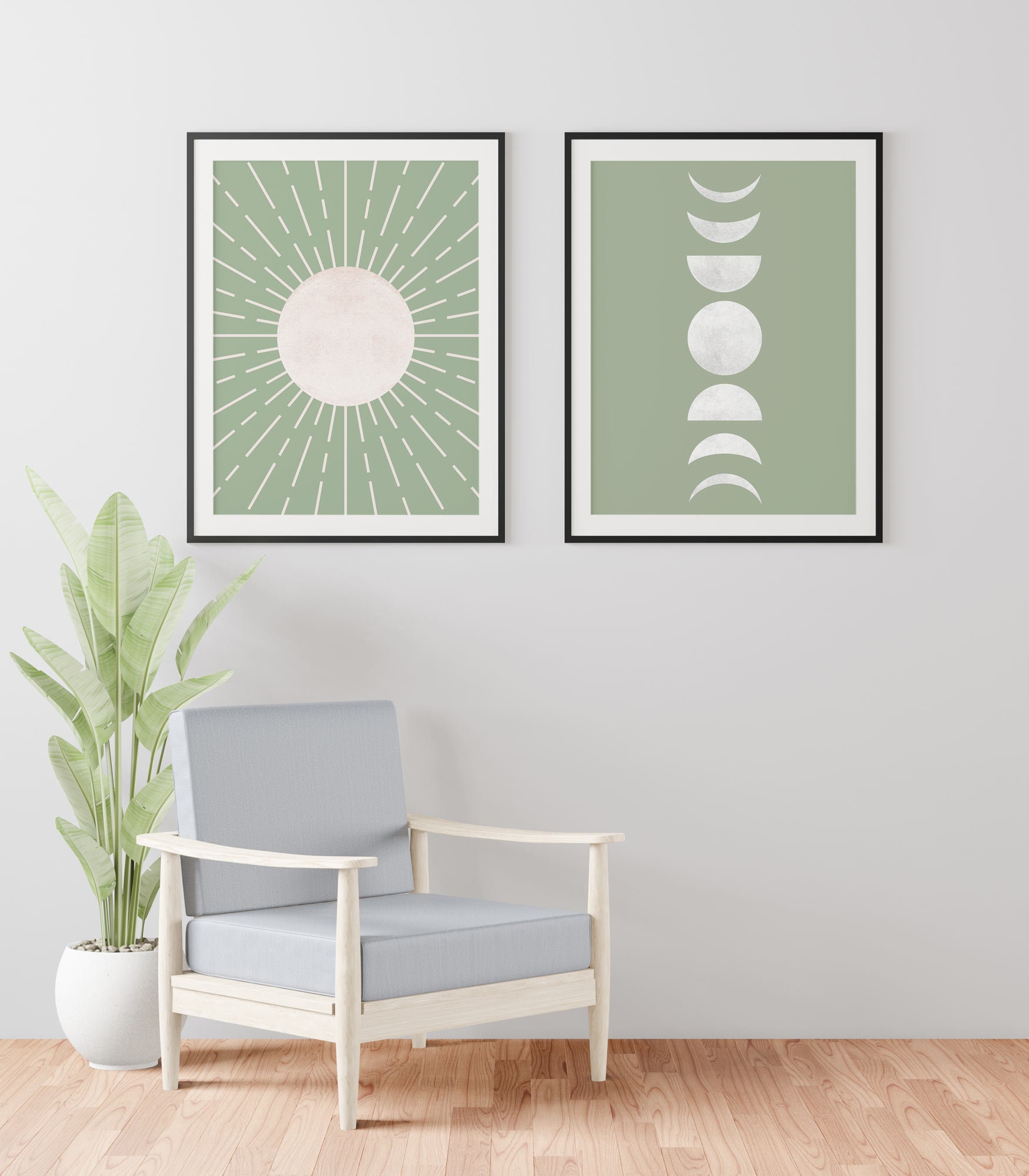 Sage Green Moon Phase Dekor, Boho Wandkunst, Mid Century Druckbar, Moderne Sonne, 2er Set ...